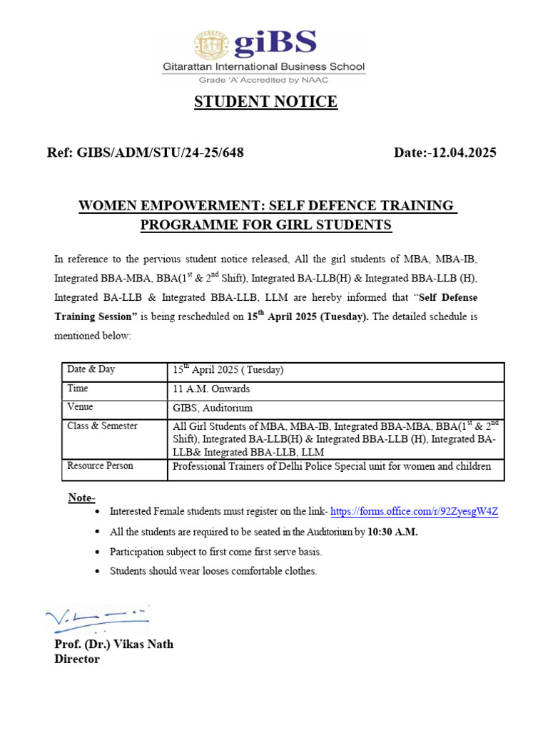 648-Student Notice - Self Defense Training - 15th April 2025 | PDF