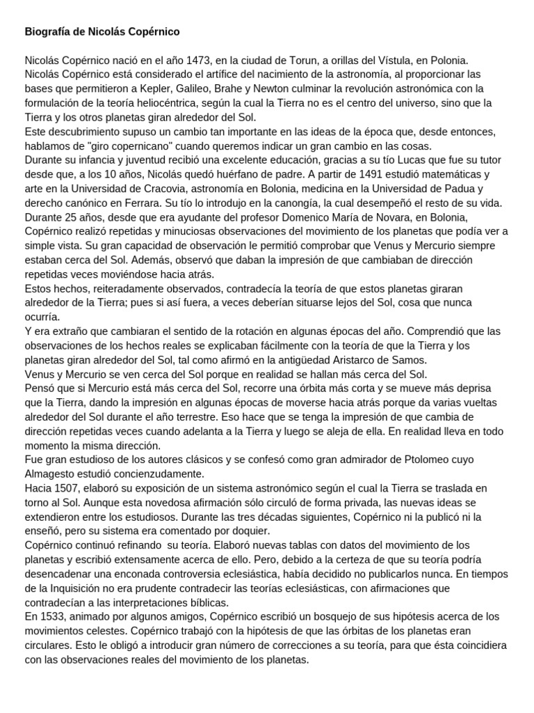 Biografía de Nicolás Copérnico | PDF | Nicolás Copérnico | Astronomía