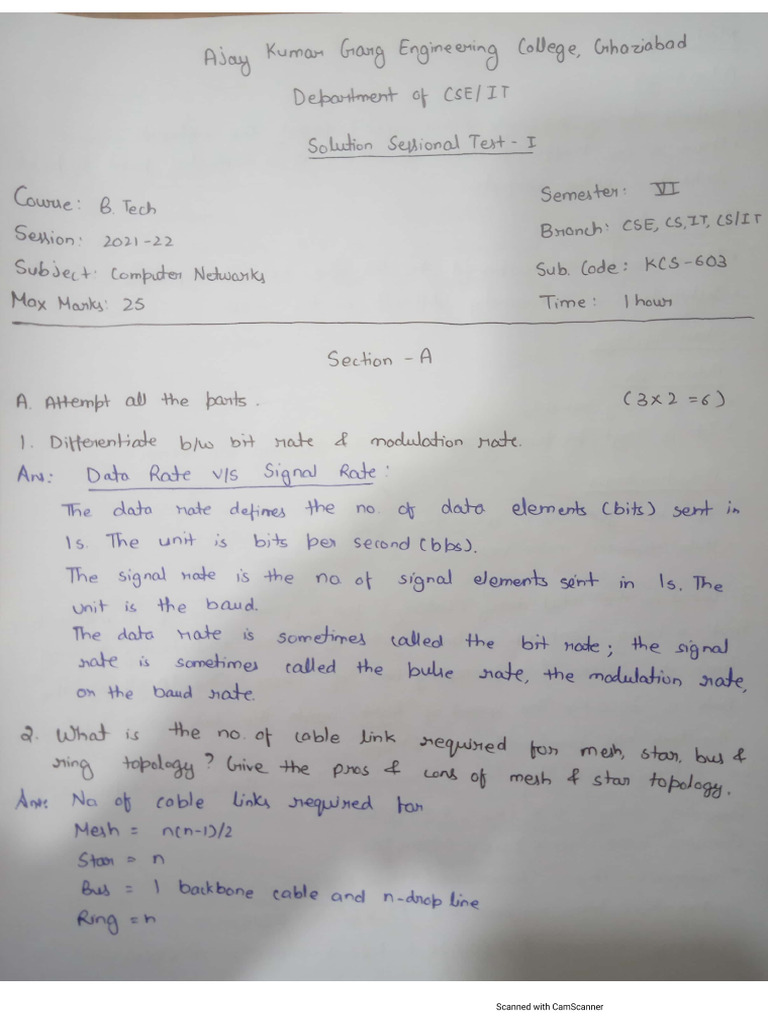 Computer Network KCS-603 ST-1 Sol Even 21-22 | PDF