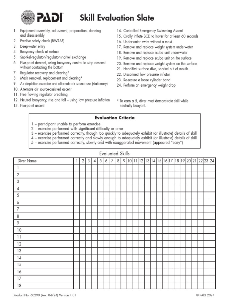 Skill Evaluation Slate | PDF | Scuba Diving | Occupational Safety And ...