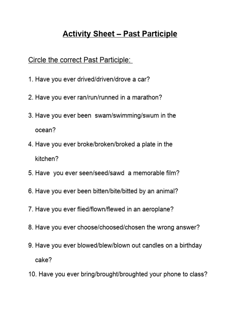 Past Participle - Activity Sheet | PDF