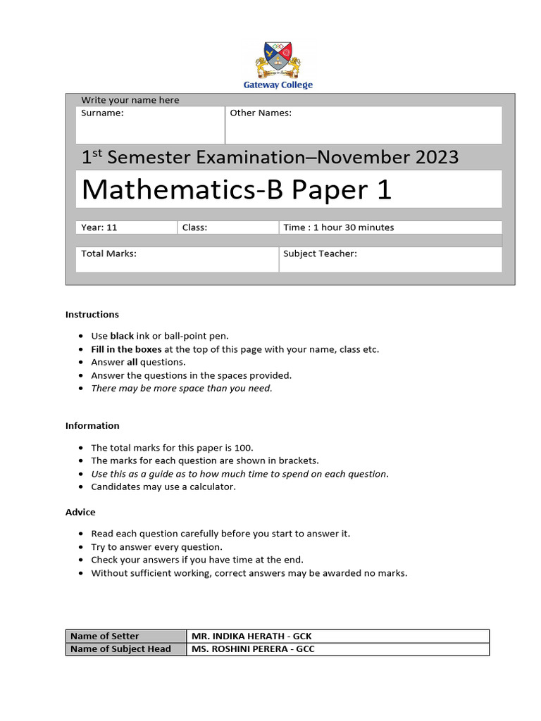 Nov2023 Yr11 Mathematics P1 Final 31 Oct 2023 | PDF