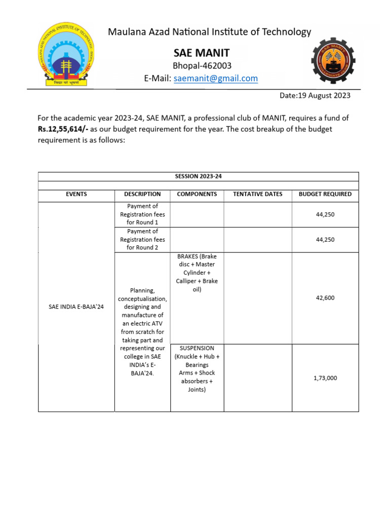 SAE MANIT Budget For 2023-24 With Justification | PDF | Steering | Brake