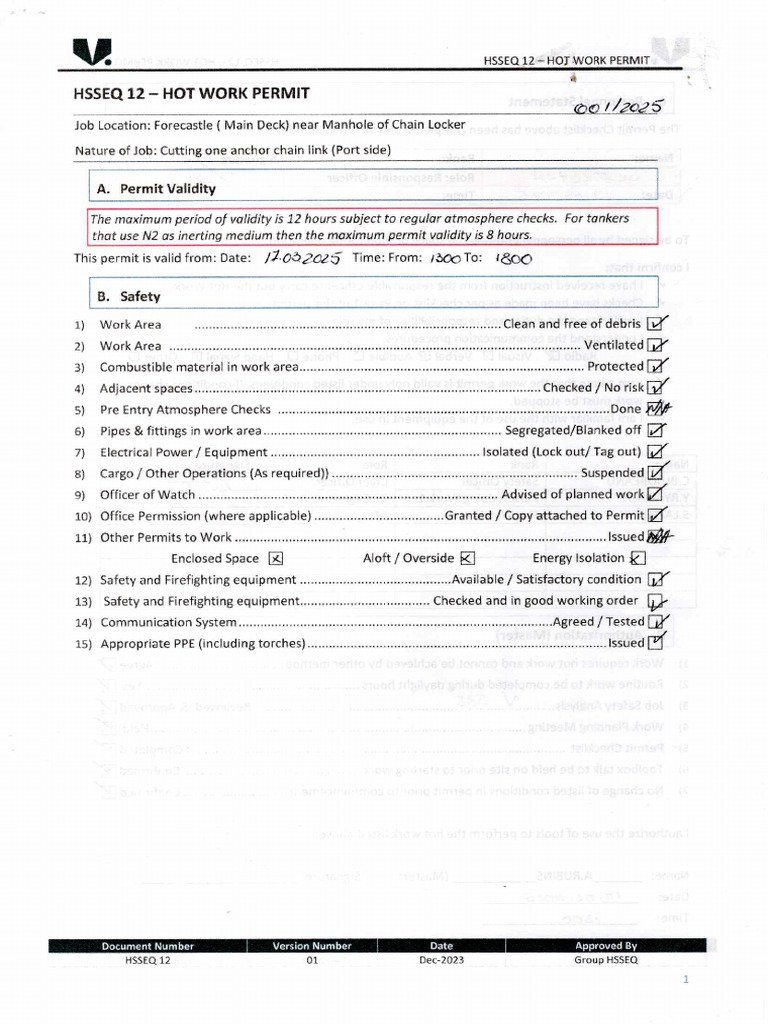Hot Work Permit 0012025 | PDF