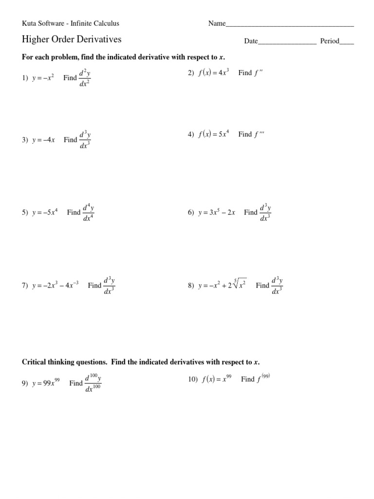 Higher Order Derivatives Worksheet | PDF | Derivative | Mathematical Logic