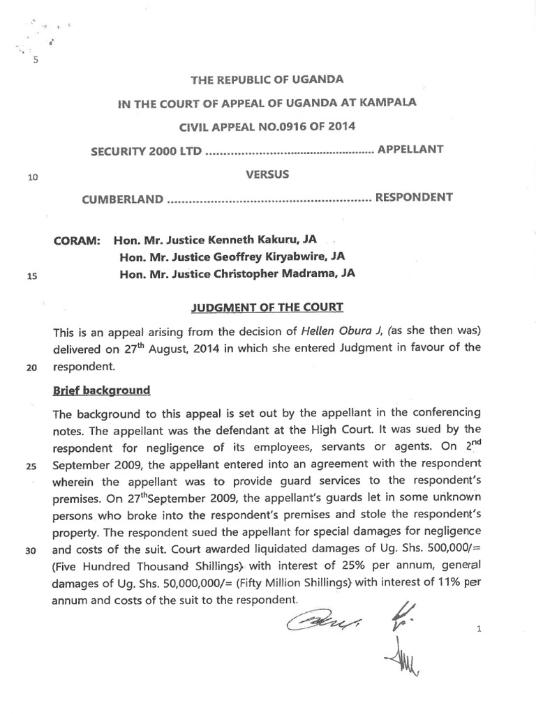 Security 2000 LTD Vs Cumberland (Civil Appeal No0916 of 2014) 2018 UGCA ...