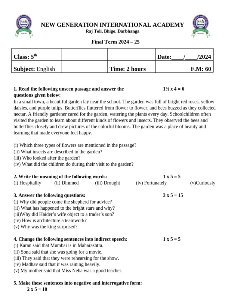 5th Class English Final Exam Paper | PDF | Botany