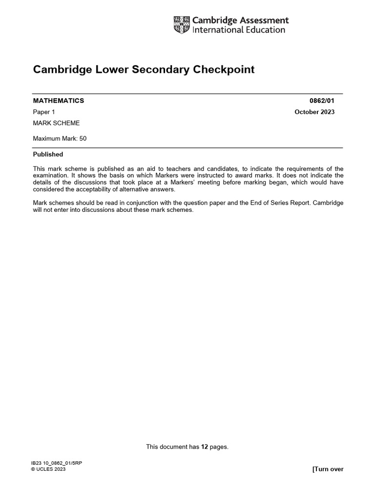 Cambridge Grade 4 Maths Mark Scheme | PDF | Angle | Triangle