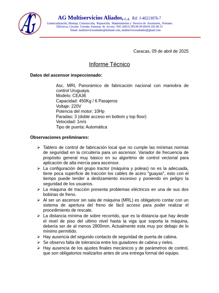 Informe Ascensor Qta Valencia | PDF | Ascensor | Bienes manufacturados