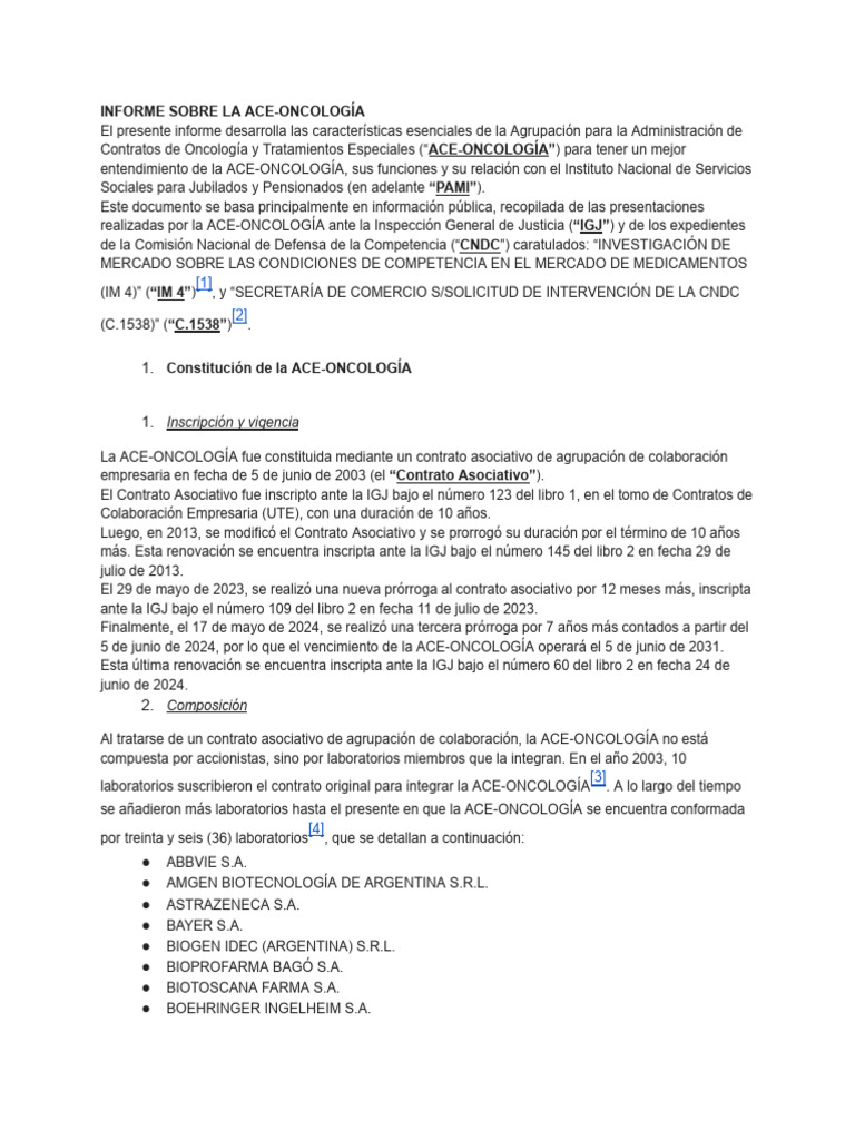 Informe Sobre La Ace-Oncología Ace-Oncología" "PAMI" "IGJ" CNDC "IM 4 ...