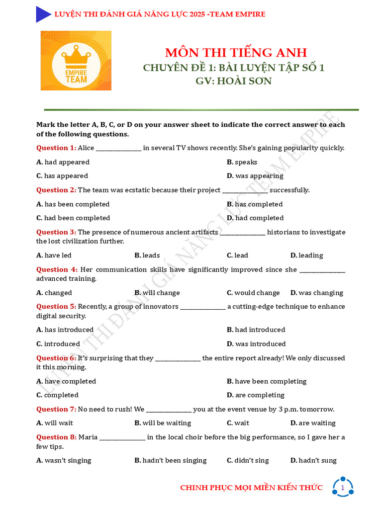 2K8 - CHUYÊN ĐỀ 1 - TENSES BÀI LUYỆN TẬP 2 | PDF