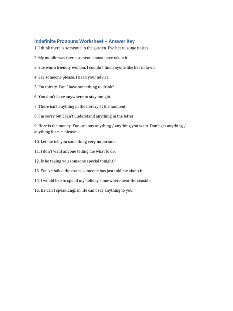 Indefinite Pronouns Answer Key | PDF