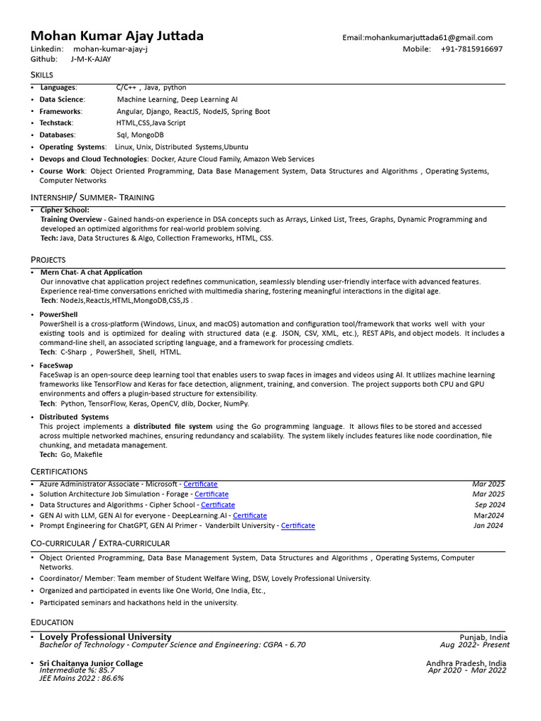 Mohan Kumar's Tech Skills & Projects | PDF | Databases | Computer Science