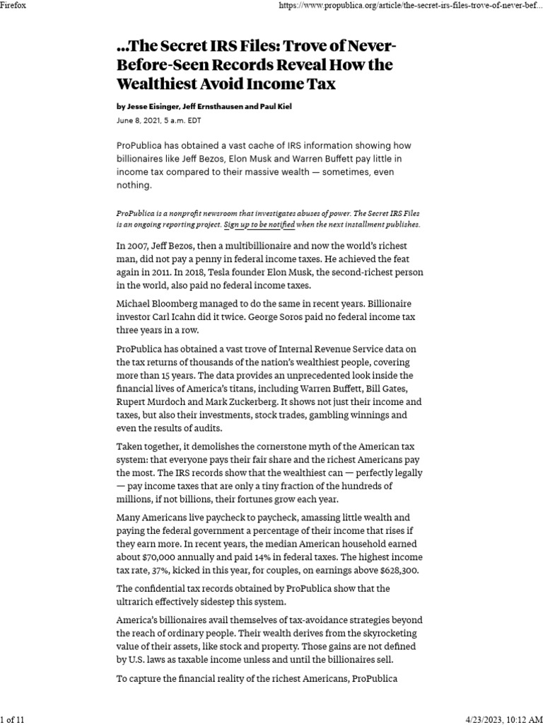 The Secret IRS Files Trove of Never-Before-Seen Records Reveal How The Wealthiest Avoid Income ...