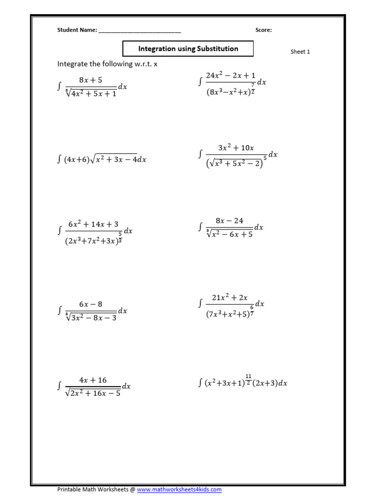 Integration by Substitution Worksheet | PDF