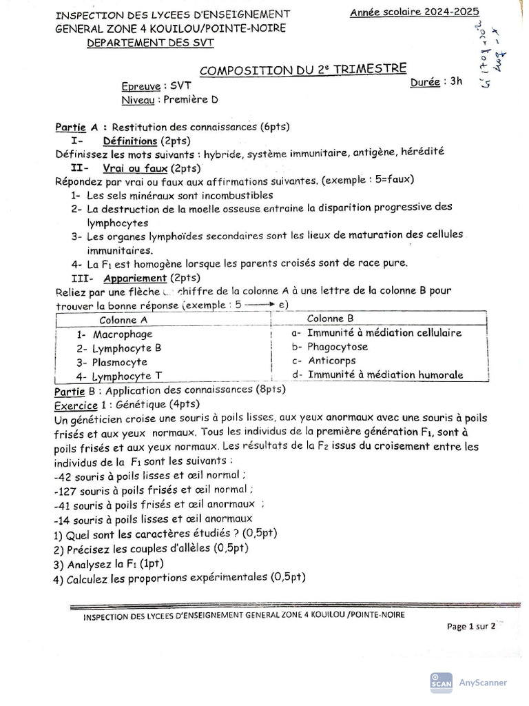 Sujet Compos 2e Trim 2025 SVT 1ère D Z4 | PDF