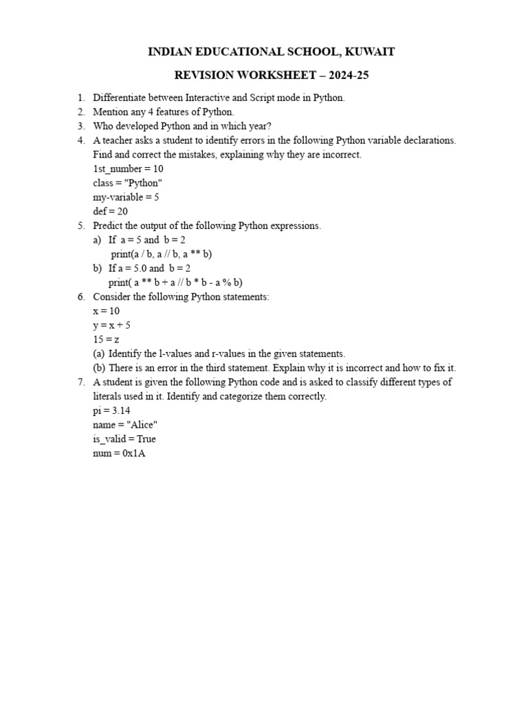 Grade 11 Revision Worksheet | PDF | Python (Programming Language) | Control Flow