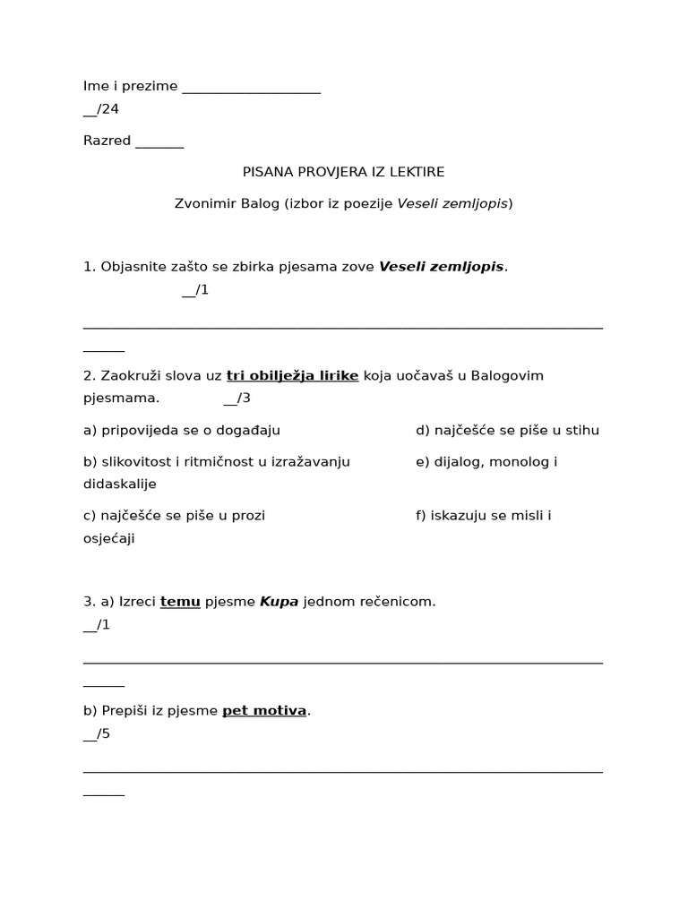 Razred - PISANA PROVJERA IZ LEKTIRE | PDF