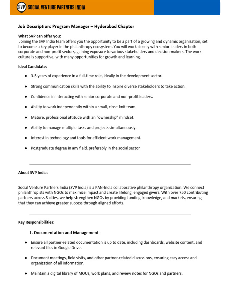 Job Description-Program Manager Hyderabad | PDF | Non Governmental ...