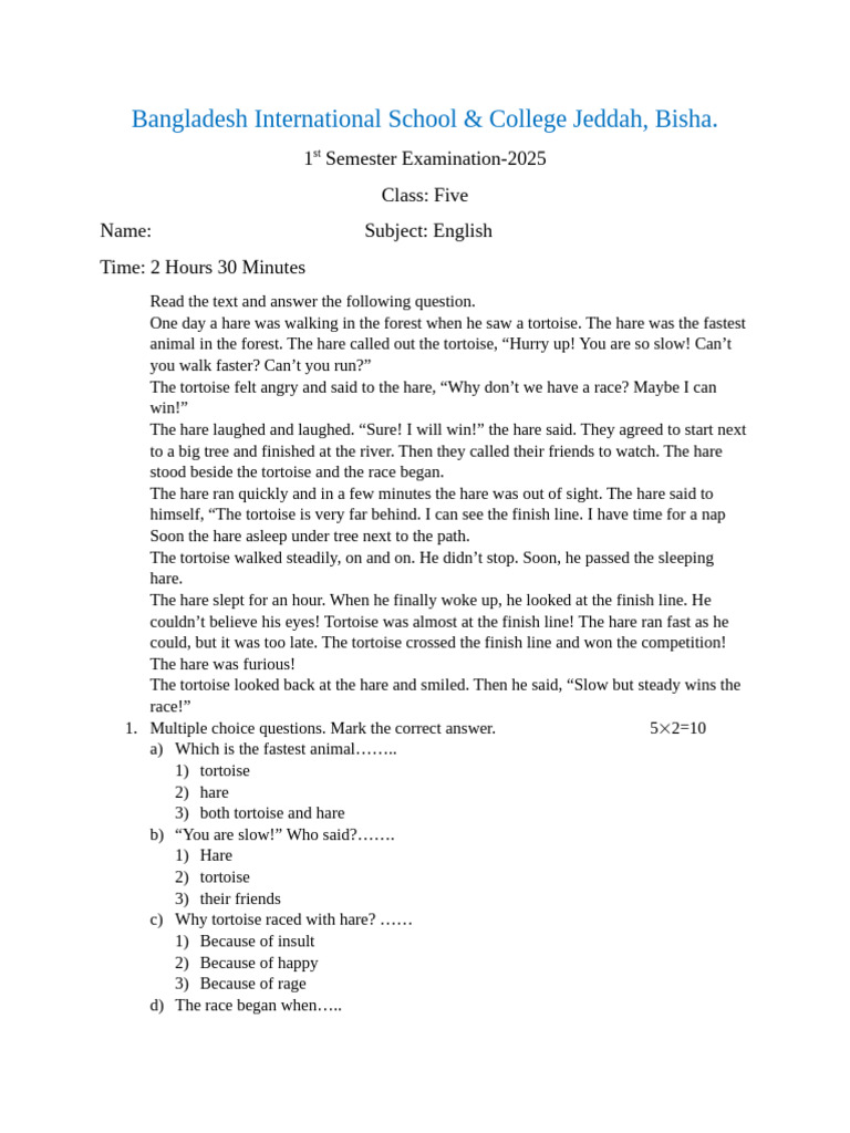 English Question Paper of Class 05 | PDF