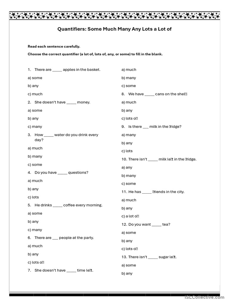 Quantifiers Exercise: Fill in the Blanks | PDF