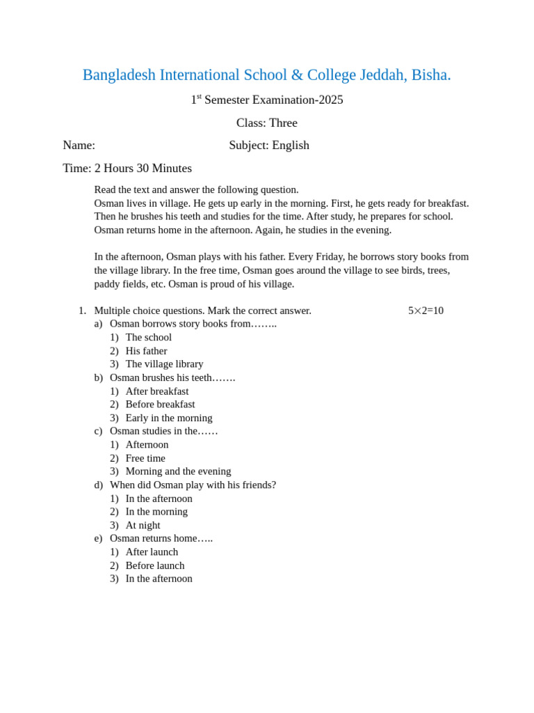 Class 03 English Question Paper | PDF