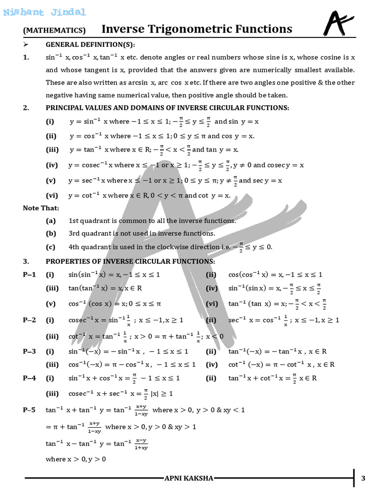 Sheet - 01 _ Inverse Trigonometric Functions NJ_247 | PDF | Trigonometric Functions | Function ...