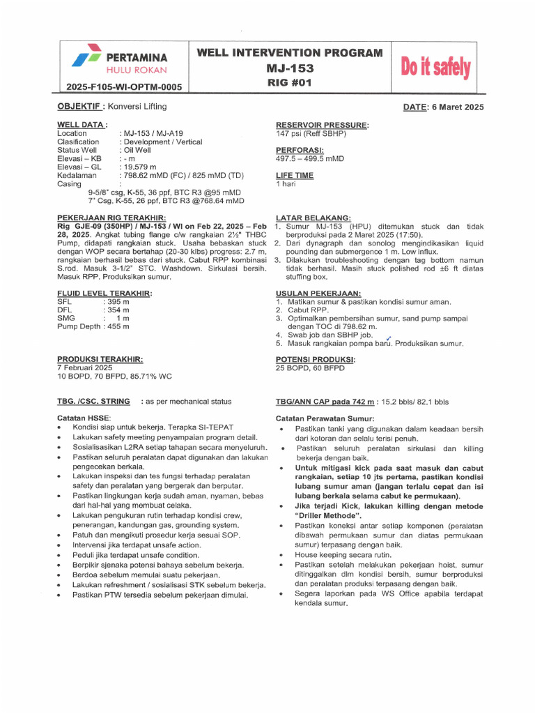 Program MJ-153 - WI-OPTM - Rig-01 (6 Maret 2025) - Signed | PDF