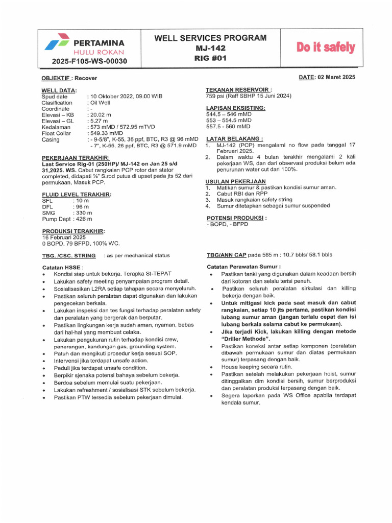 Program MJ-142 - WS-RECOVER - RIG#01 (2 Maret 2025) - Signed | PDF