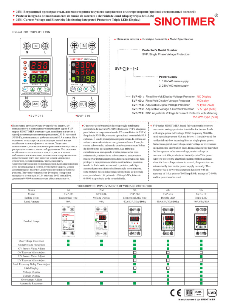 SINOTIMER - SVP-719 3IN1 Volt Amp KWH Protector (Triple LEDs Display) | PDF | Mains Electricity ...