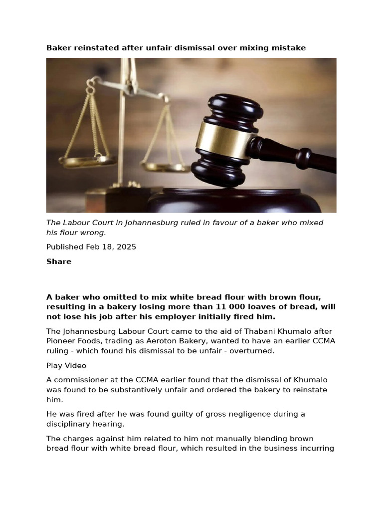 Baker Reinstated After Unfair Dismissal | PDF | Breads | Bakery