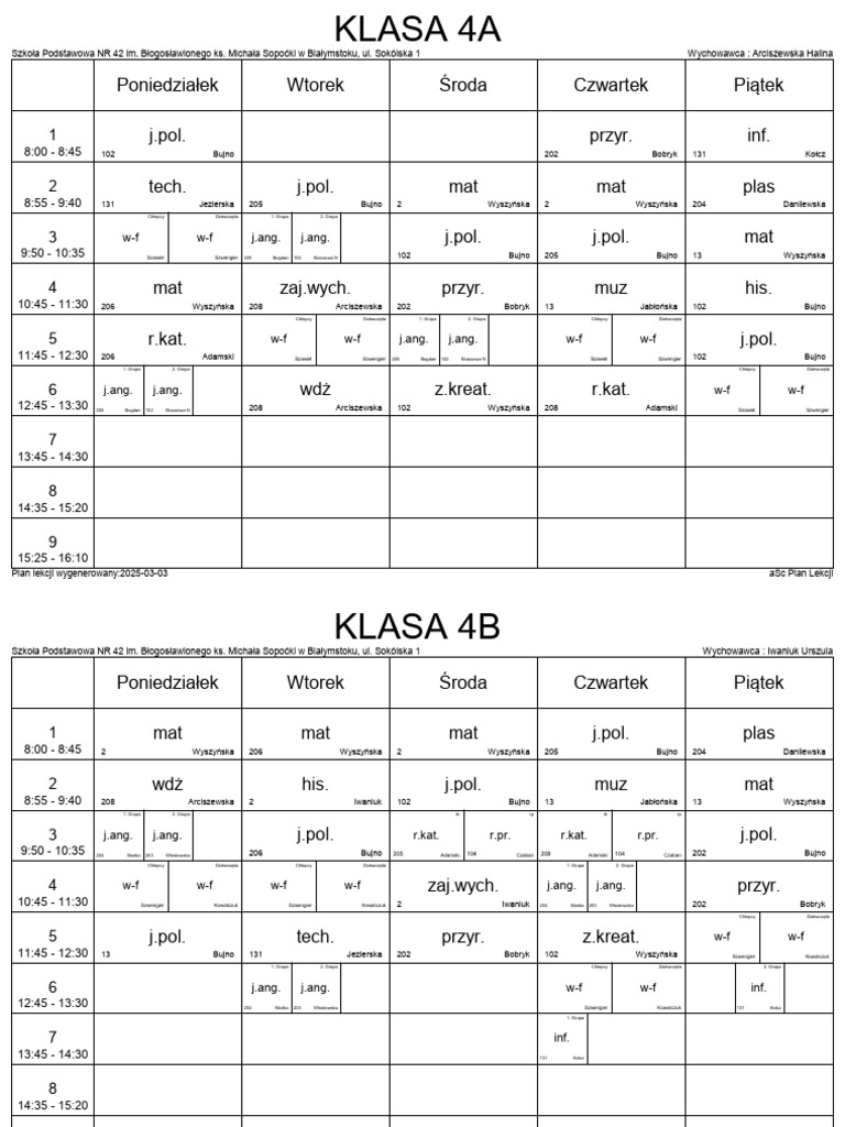 Plan Lekcji Dla Klas 48 | PDF