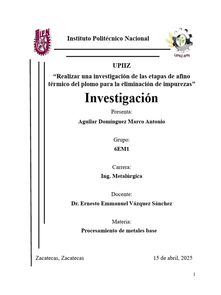Etapas de afino térmico del plomo | PDF | Cobre | Zinc