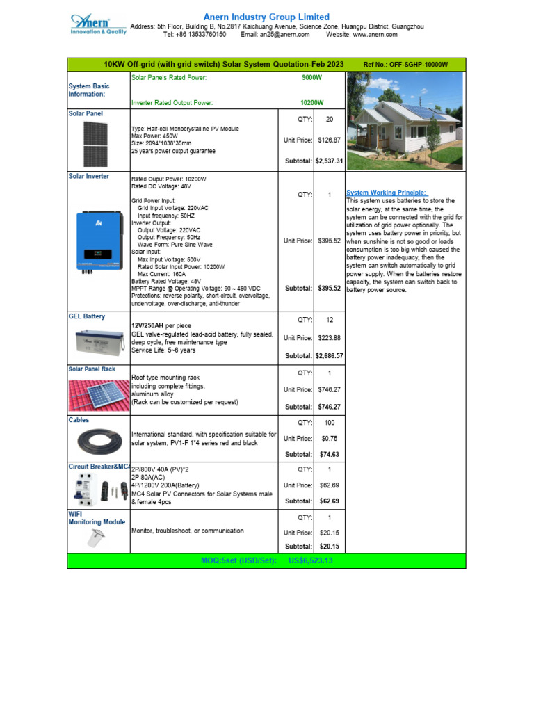 Anern 10KW - Off-Grid Solar Power System Quotation - 2302 10.2kw Gel ...