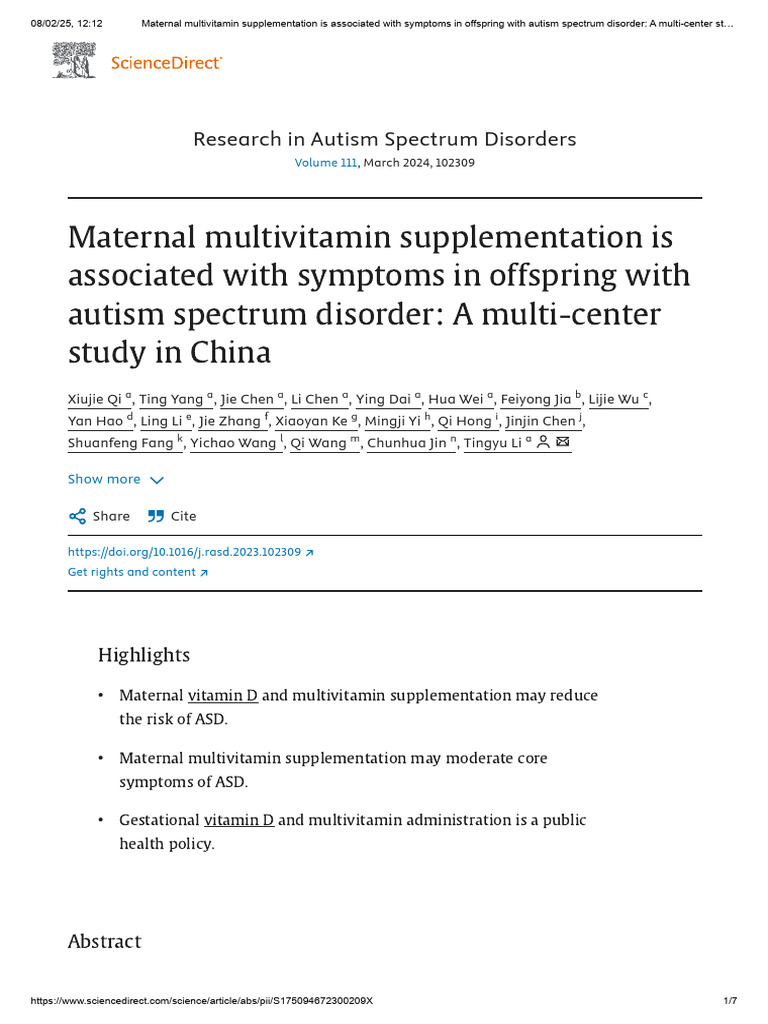 Maternal Multivitamin Supplementation Is Associated With Symptoms in ...