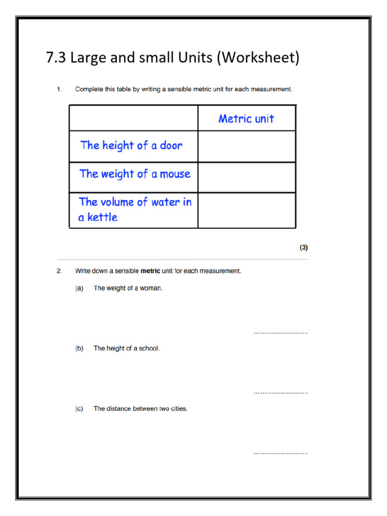 Large and Small Units Worksheet | PDF