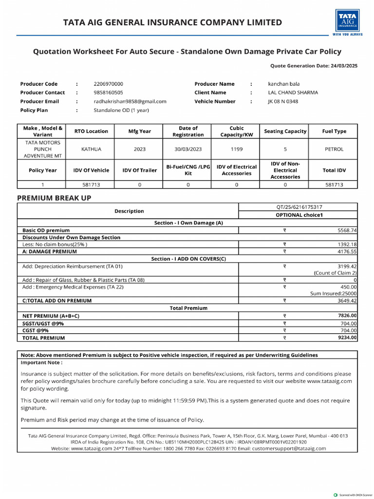 Tata AIG Motor Premium Quote - 3184 - QT256216175317 | PDF