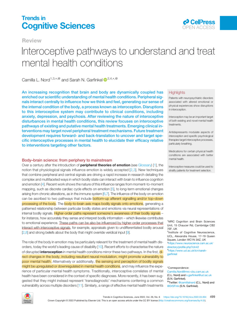 Nord & Garfinkel - Interoceptive Pathways | PDF | Emotions | Mental Disorder