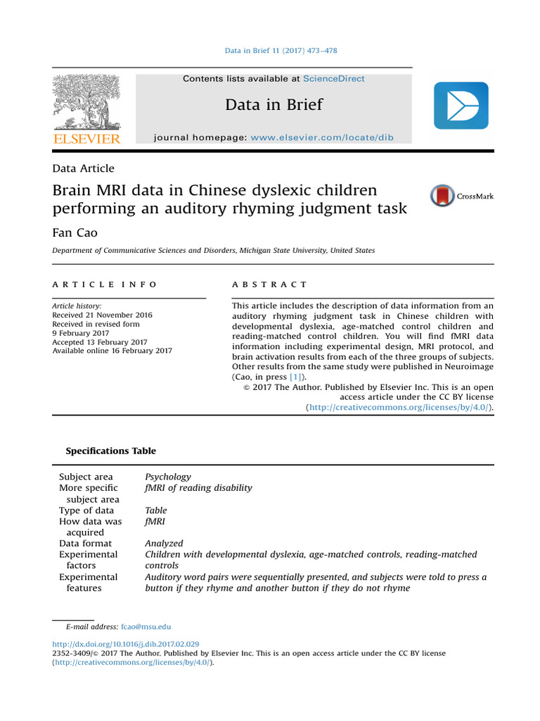 Brain MRI Data in Chinese Dyslexic Children Performing An Aud - 2017 ...