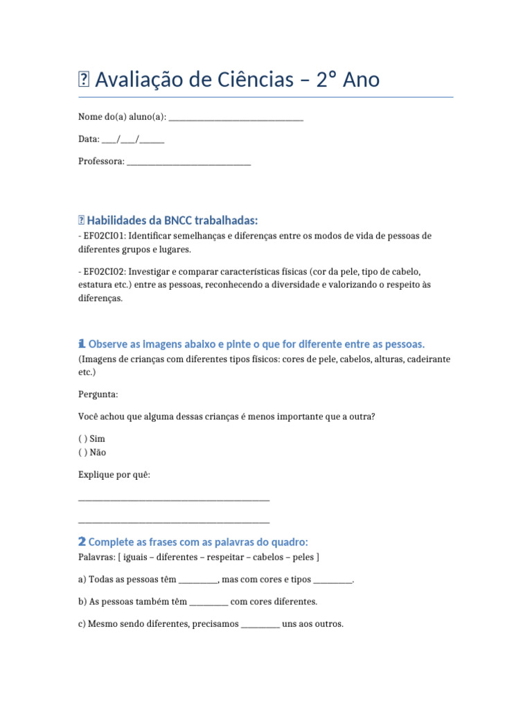 Avaliacao Ciencias 2o Ano | PDF