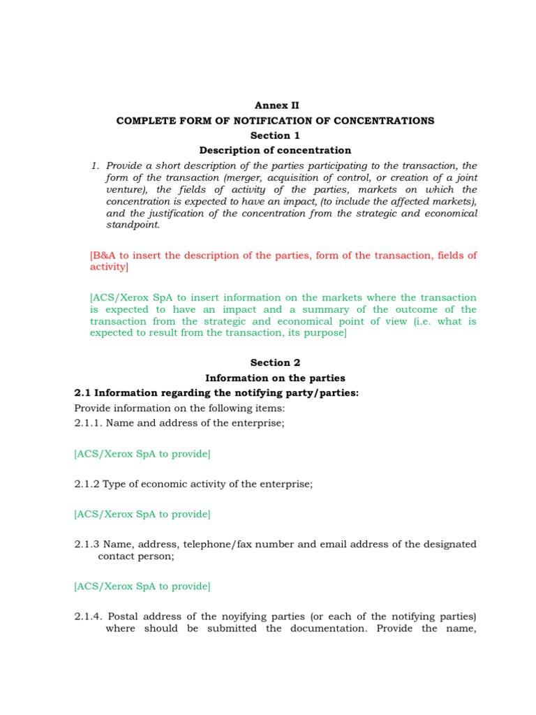 Annex II C Complete Form of Notification of Concentrations C Section 1 ...