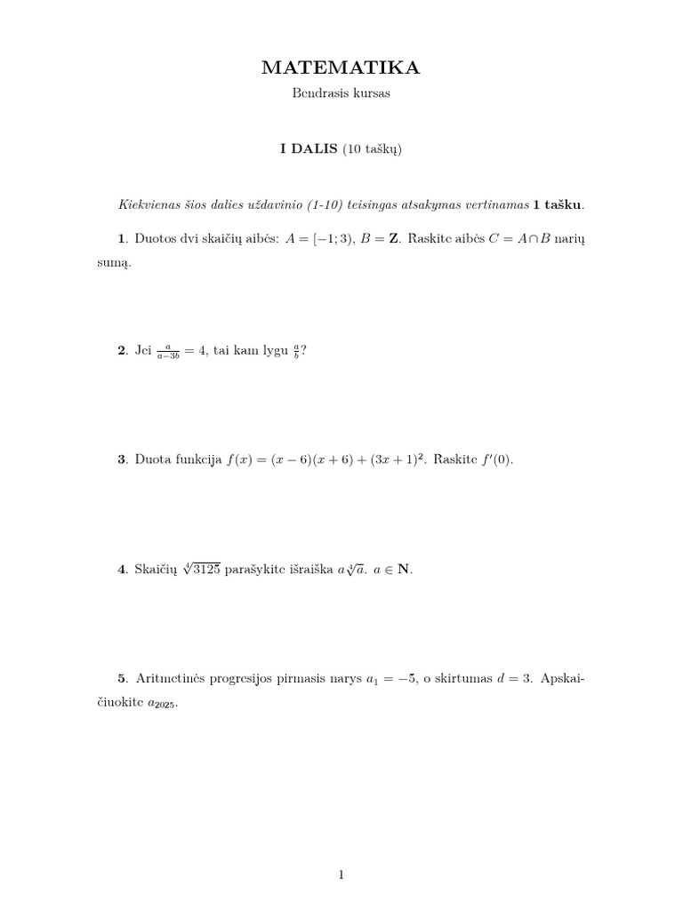 Matematikos Bandomasis (Bendrasis Kursas) | PDF