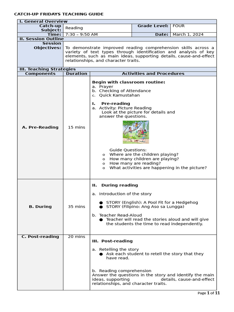 Grade 4 Catch Up Friday Lesson Plan Q3 Week 4 March 1 Annabel Elem | PDF | Reading Comprehension ...