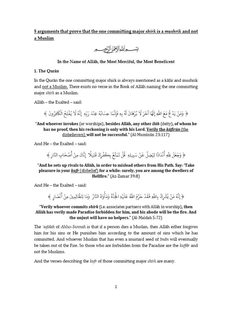 5 Arguments That Prove That The One Committing Major Shirk Is A | PDF | Tawhid | God In Islam