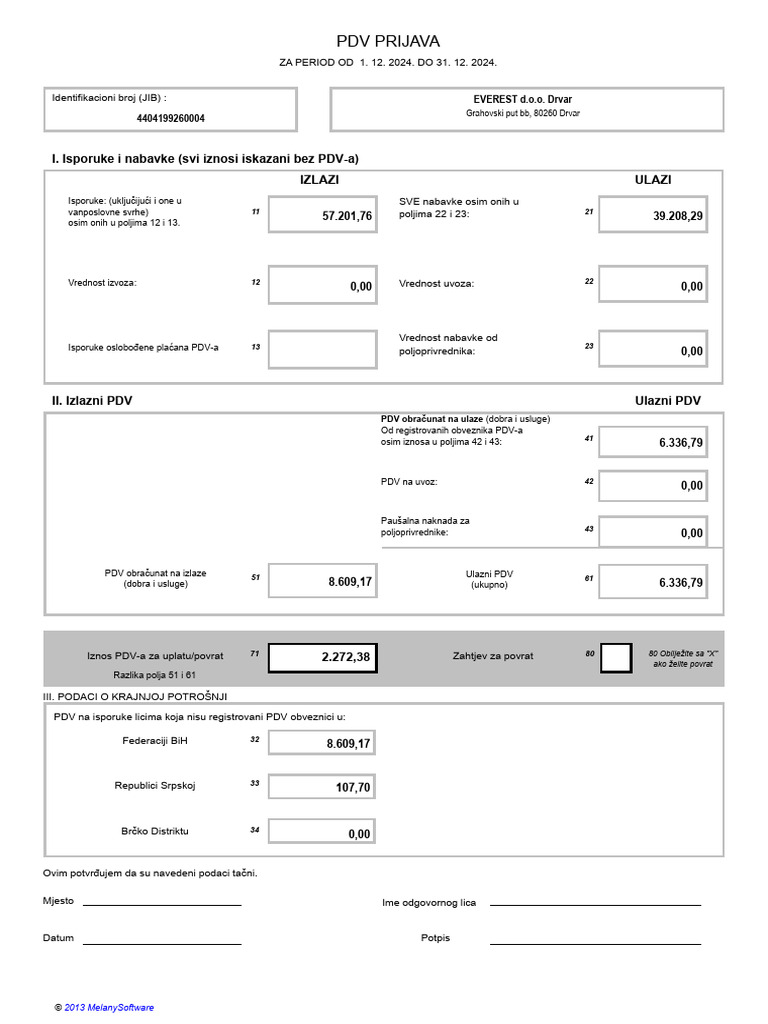 PDV Prijava Decembar 2024 | PDF