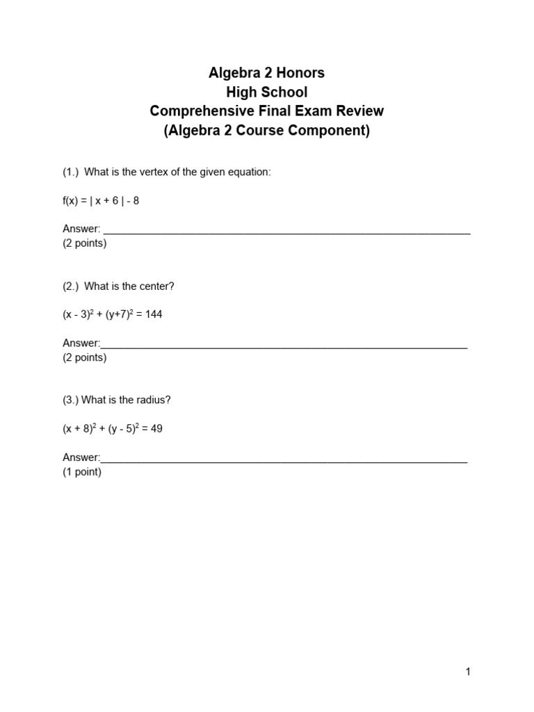Algebra 2 Honors Final Exam Review | PDF | Equations | Polynomial