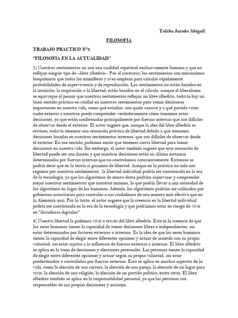 Tolaba Jurado Abigail, TP 3 Filosofia | PDF | Libre albedrío | Libertad