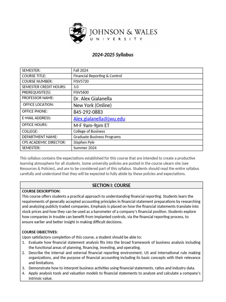 FISV5720 Fall Session 2 2024 Gialanella | PDF | Valuation (Finance) | Stock Valuation