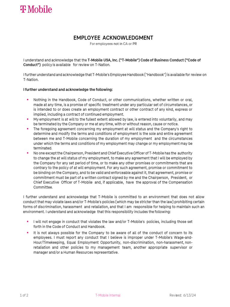 Employee Acknowledgement | PDF | Employment | At Will Employment