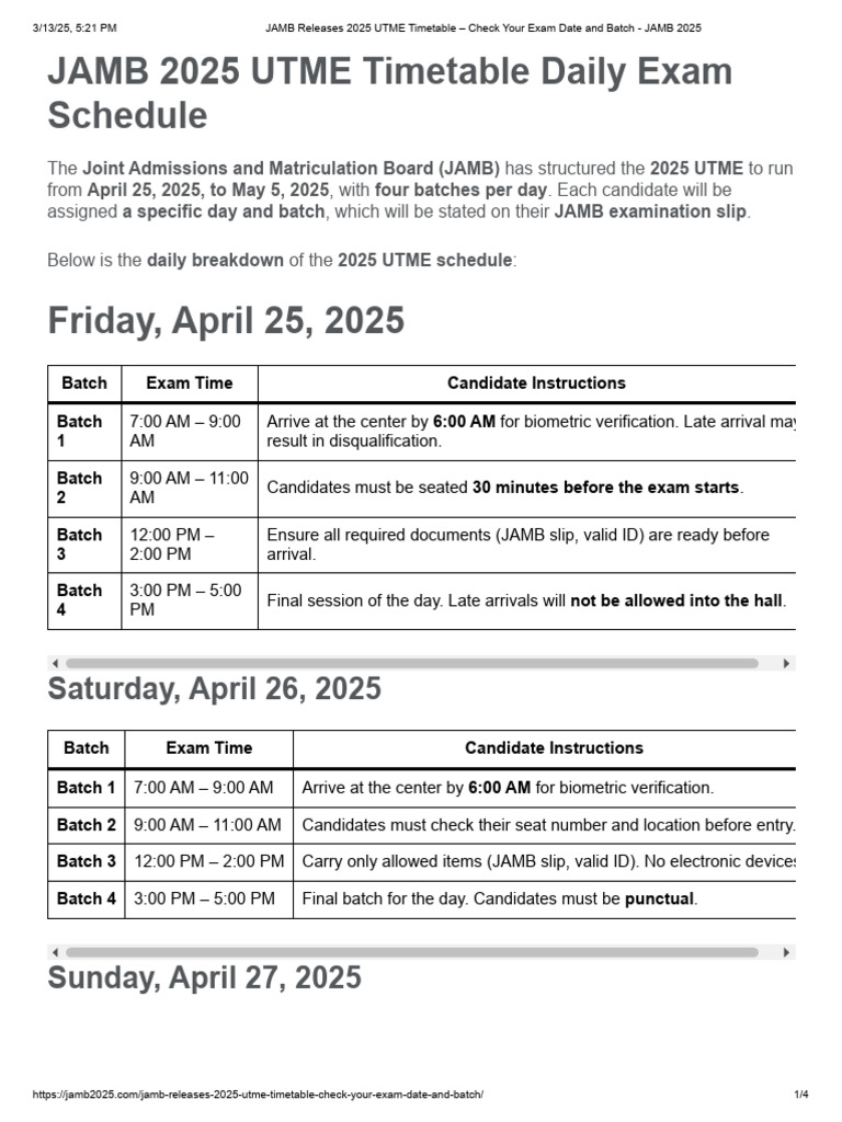 JAMB Releases 2025 UTME Timetable | PDF